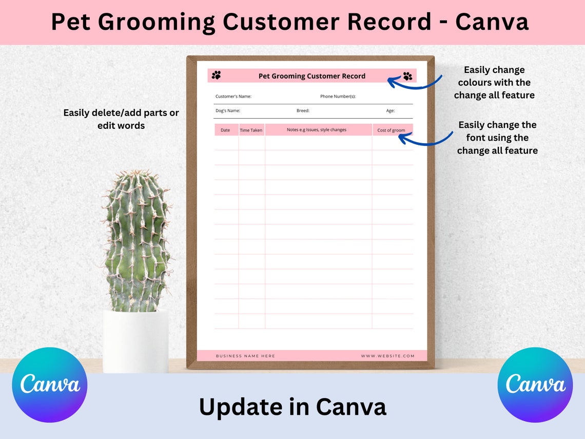 Dog Groom Form pink Canva Dog Grooming Record Card Template Pet ...