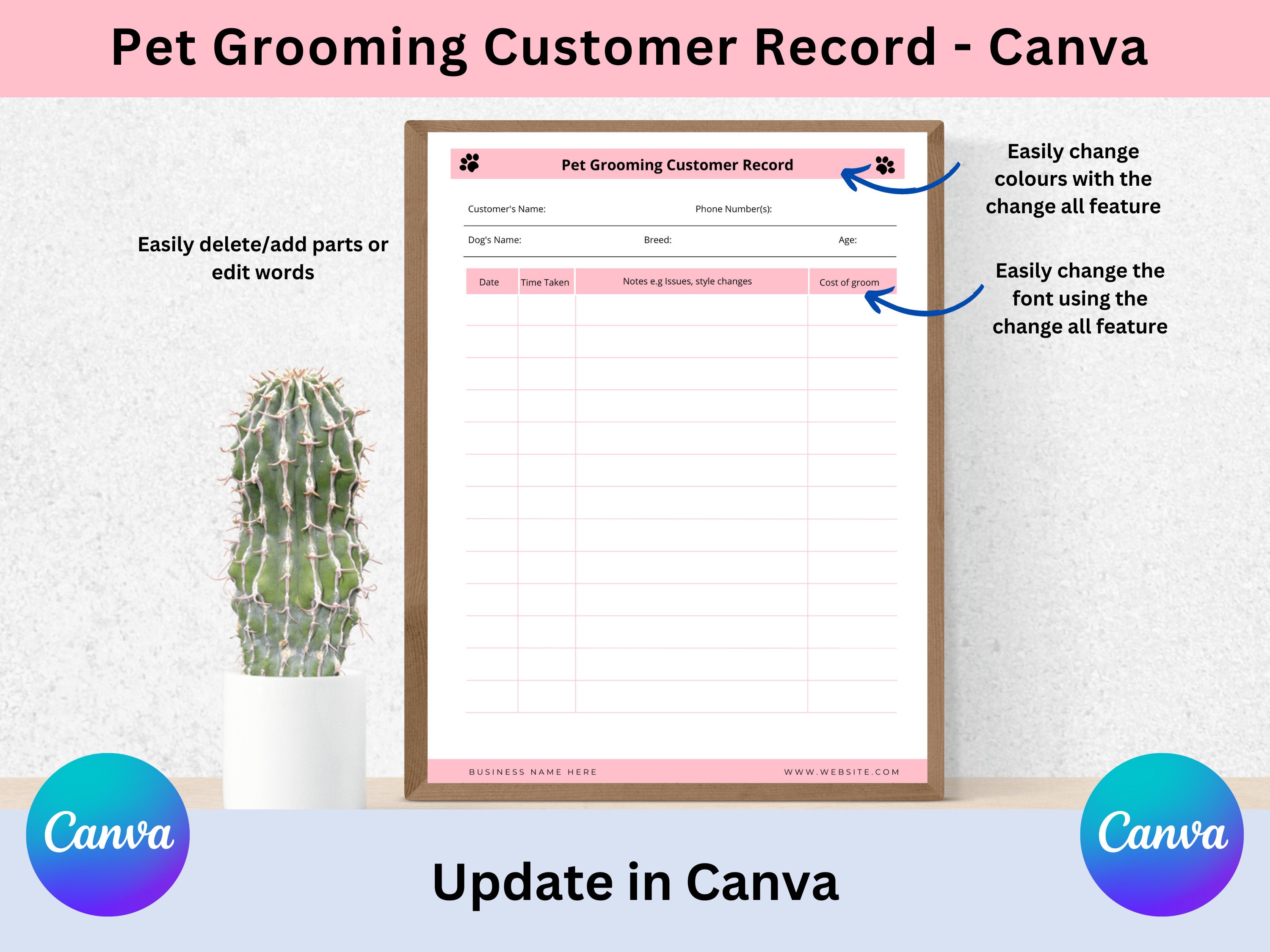Dog Groom Form pink Canva Dog Grooming Record Card Template Pet ...