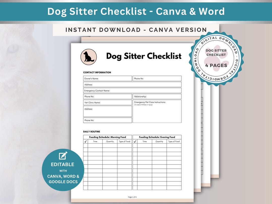 Pet Sitter Checklist With Dog Sitting Instructions for Dog Care ...