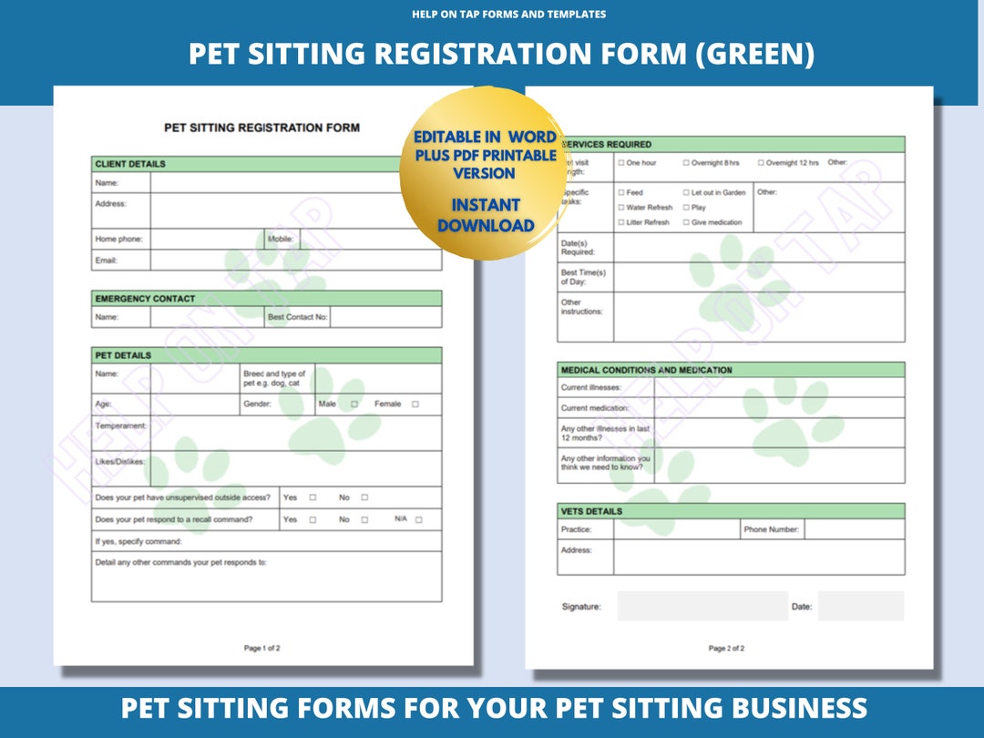 Pet Sitting Registration Form green Pet Sitting Services Form Pet ...