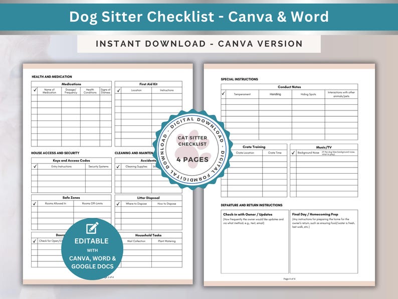 Pet Sitter Checklist With Dog Sitting Instructions for Dog Care ...