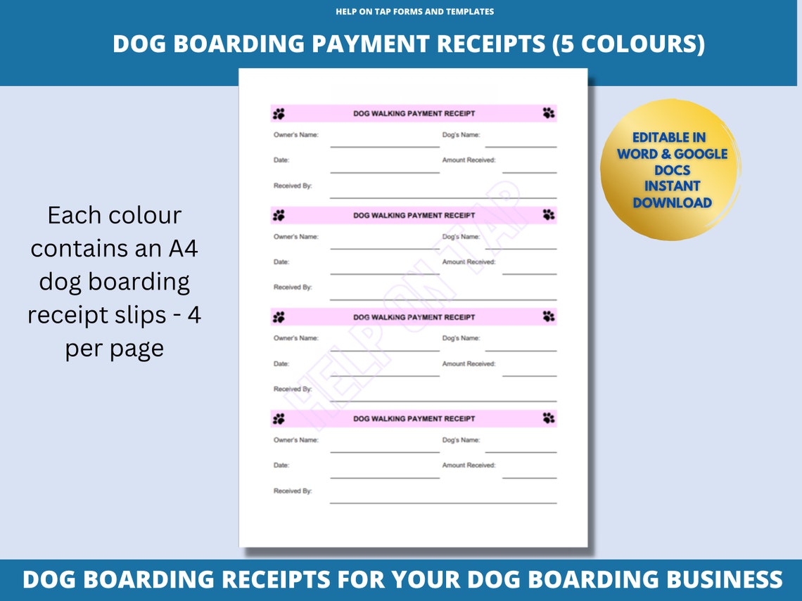 Dog Boarding Receipt Printable | Dog Boarding Deposit Receipt | Simple ...
