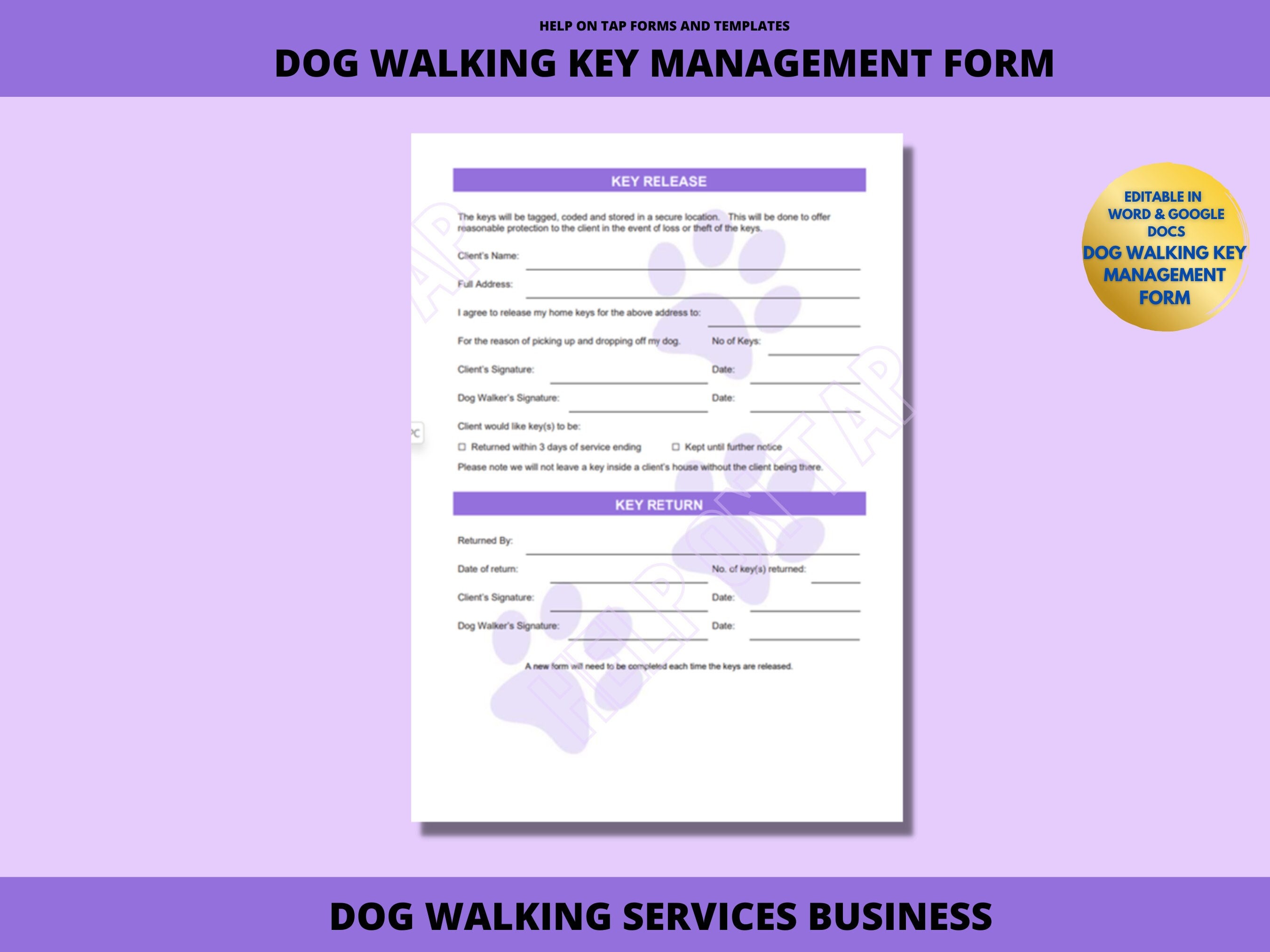 Key Release Form purple Dog Walking Key Return / Key - Etsy Denmark
