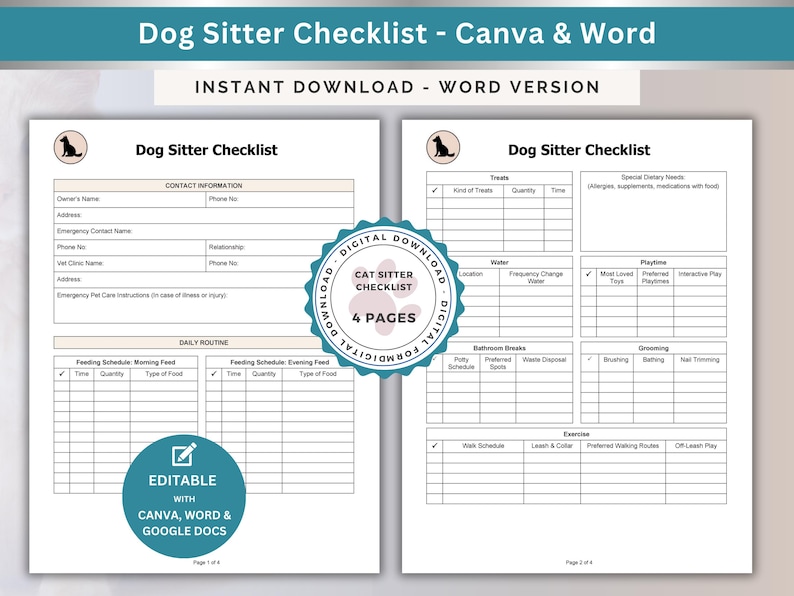Pet Sitter Checklist With Dog Sitting Instructions for Dog Care ...