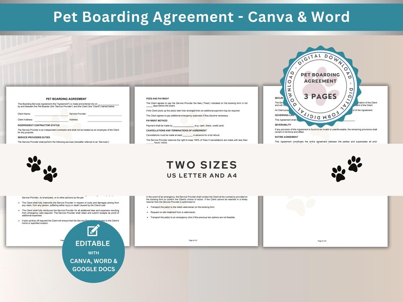Dog Boarding Contract Template, In-home Dog Boarding Waiver Paperwork, Cat Boarding Form, Terms ...