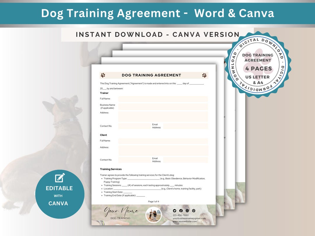 Dog Training Contract Template for Dog Trainer With Liability Waiver ...