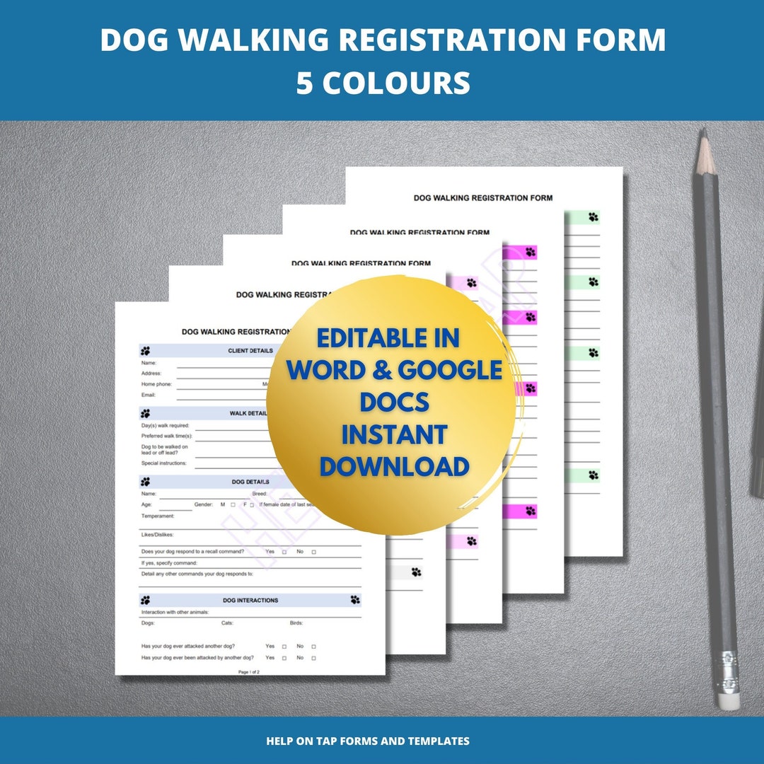 Dog Walking Form 5 Colours Dog Walking Business Dog Walking Client Form ...