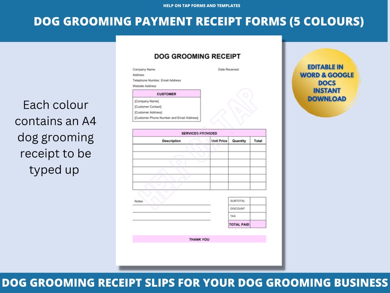 Dog Grooming Payment Receipt Word Dog Grooming Deposit Receipt Simple ...