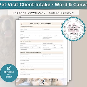 Pet Visit Client Intake Form: Editable Pet Sitter Checklist (canva ...