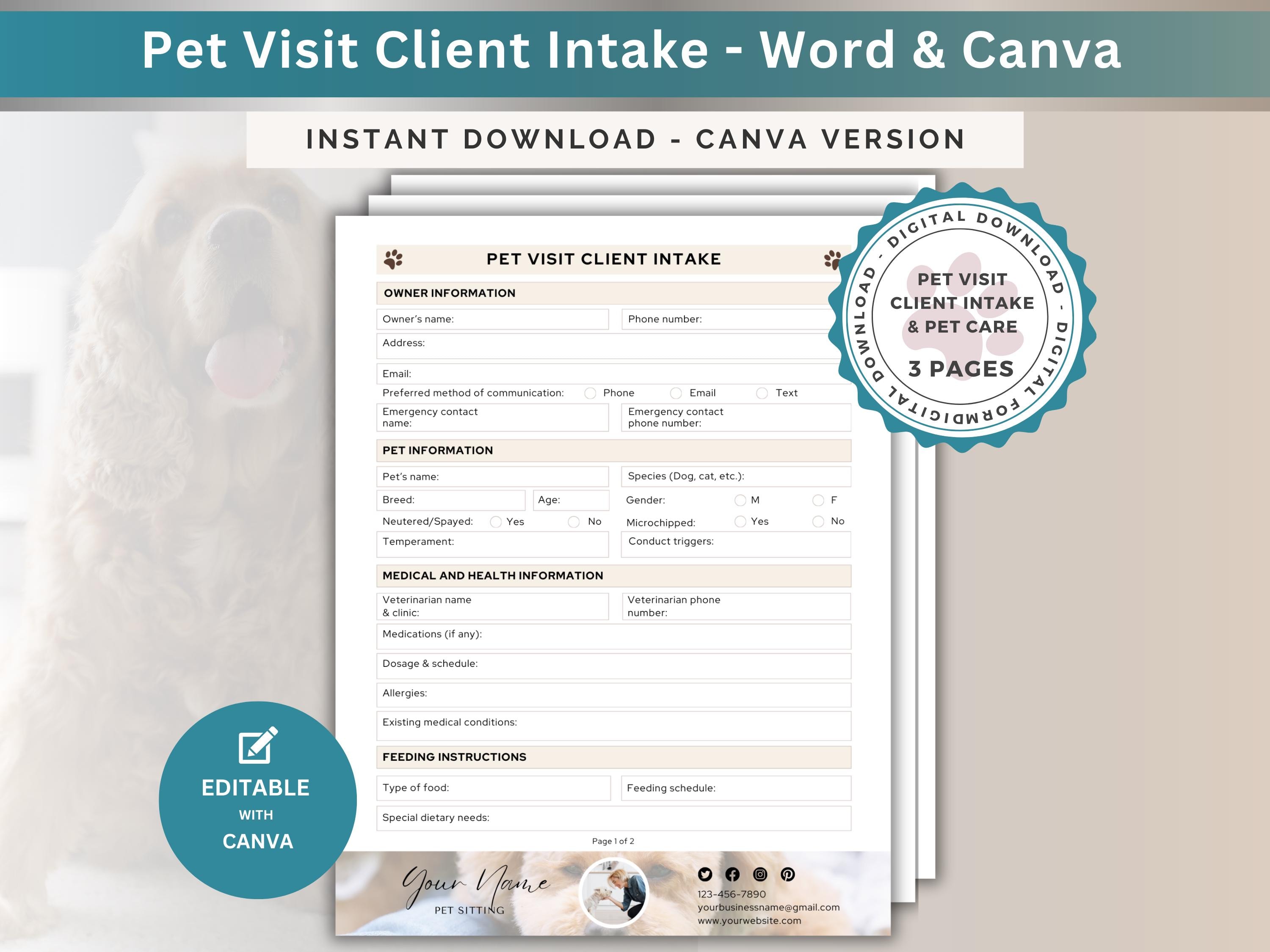 Pet Visit Client Intake Form: Editable Pet Sitter Checklist (canva ...