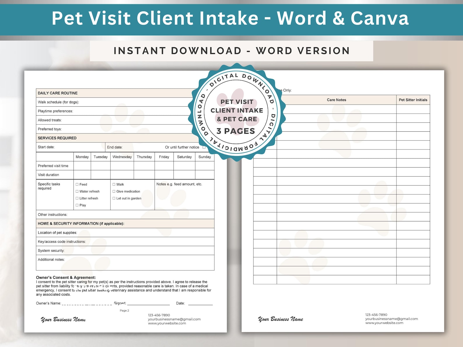 Pet Visit Client Intake Form: Editable Pet Sitter Checklist (canva ...