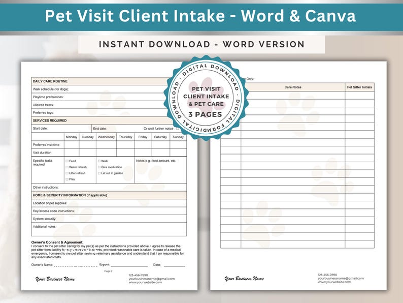 Pet Visit Client Intake Form: Editable Pet Sitter Checklist (canva ...