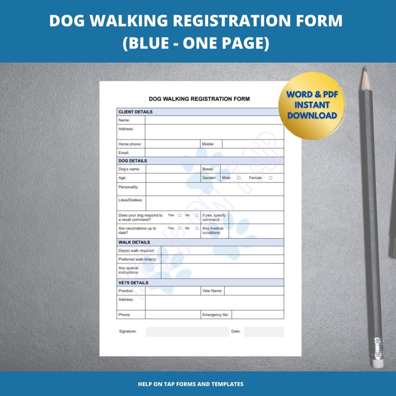 Blue Dog Walking Form Template for Taking on New Client Onboarding for ...