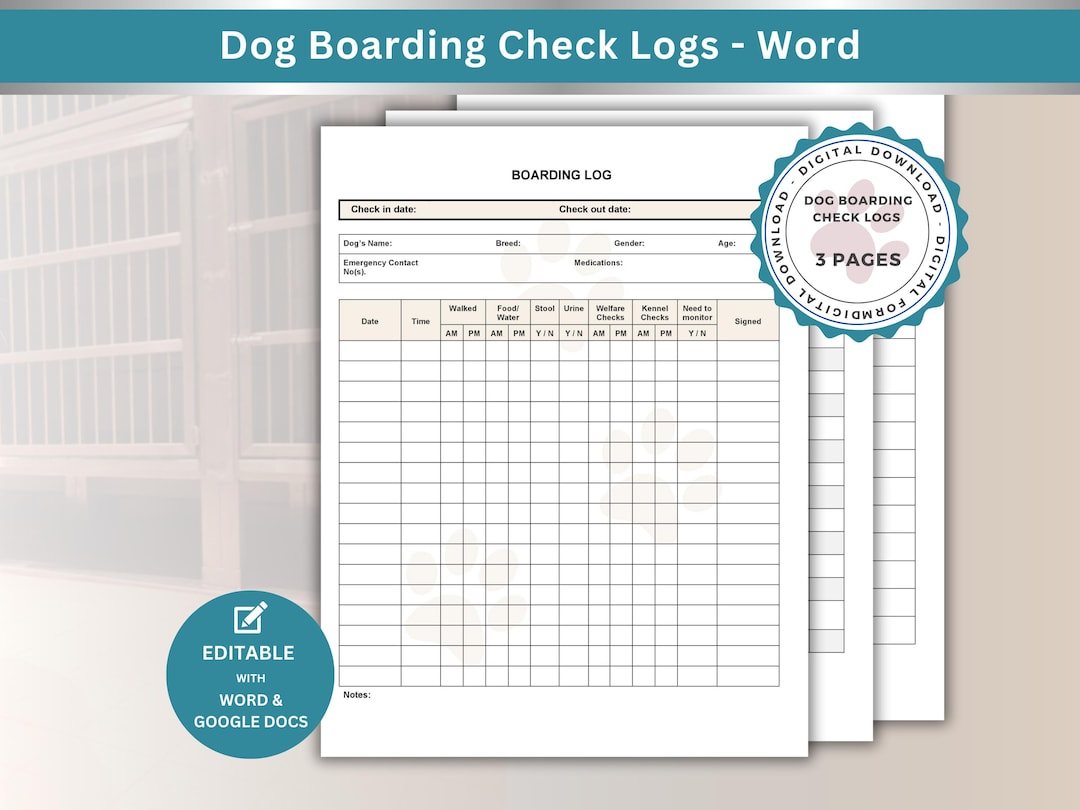 Dog Boarding Log: Kennel & Home Welfare Checks (digital Download) - Etsy