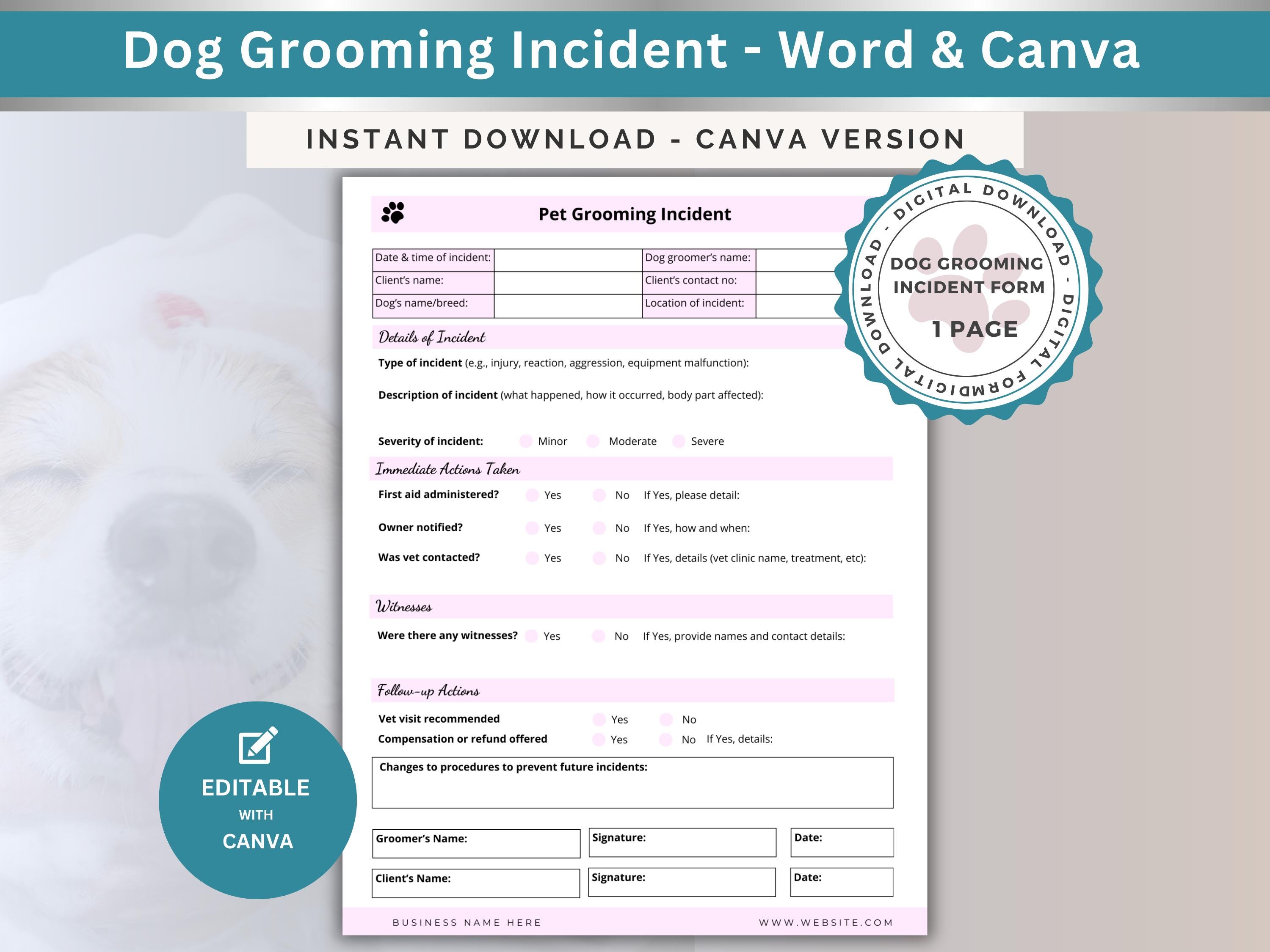 Dog Grooming Incident Report Form: Mobile Groomers, Pet Injury ...