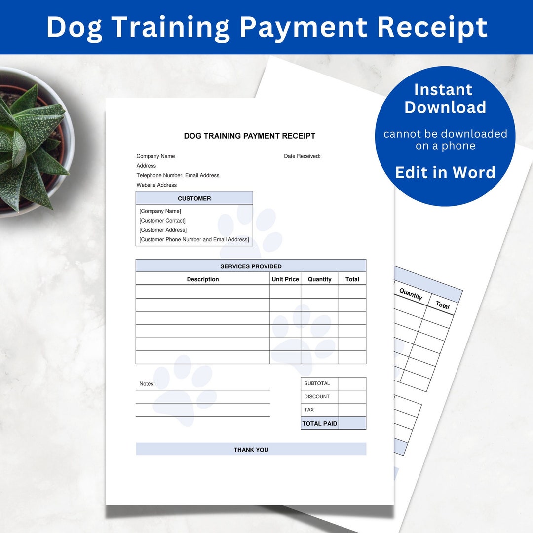 Dog Training Payment Receipt Dog Training Cash Receipt Simple Printable ...