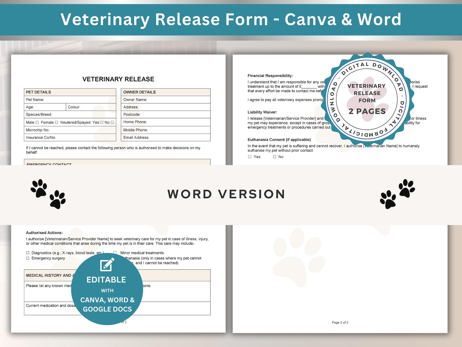 Veterinary Release Form for Emergency Animal Medical Treatment of Pet ...