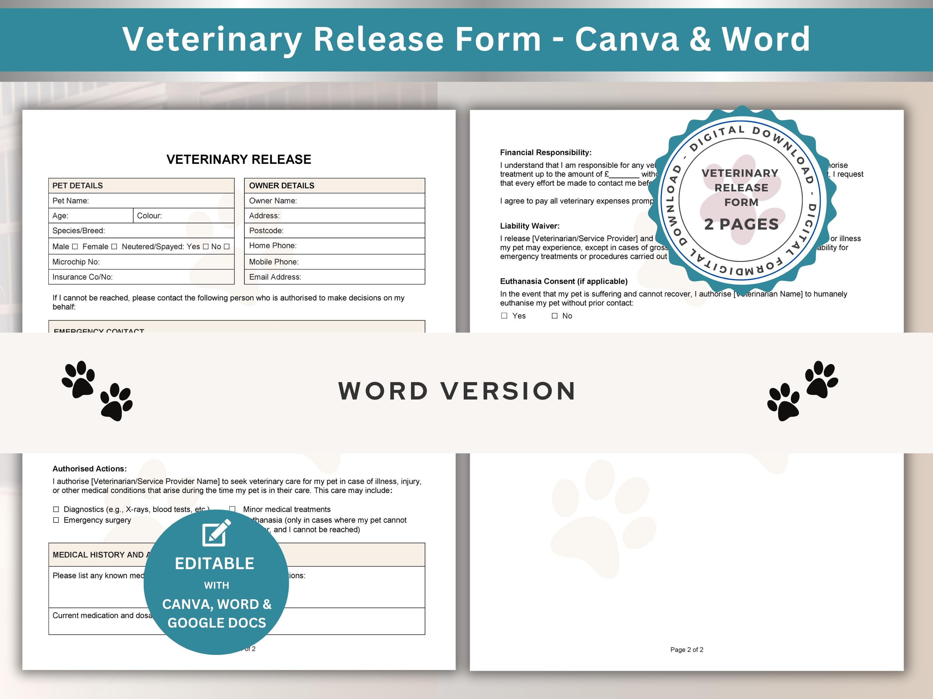 Veterinary Release Form for Emergency Animal Medical Treatment of Pet ...