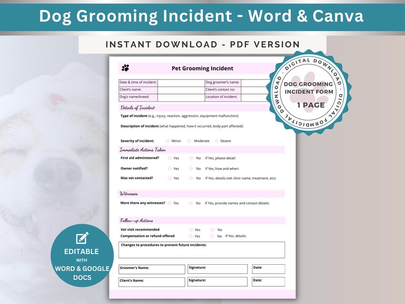 Dog Grooming Incident Report Form: Mobile Groomers, Pet Injury ...