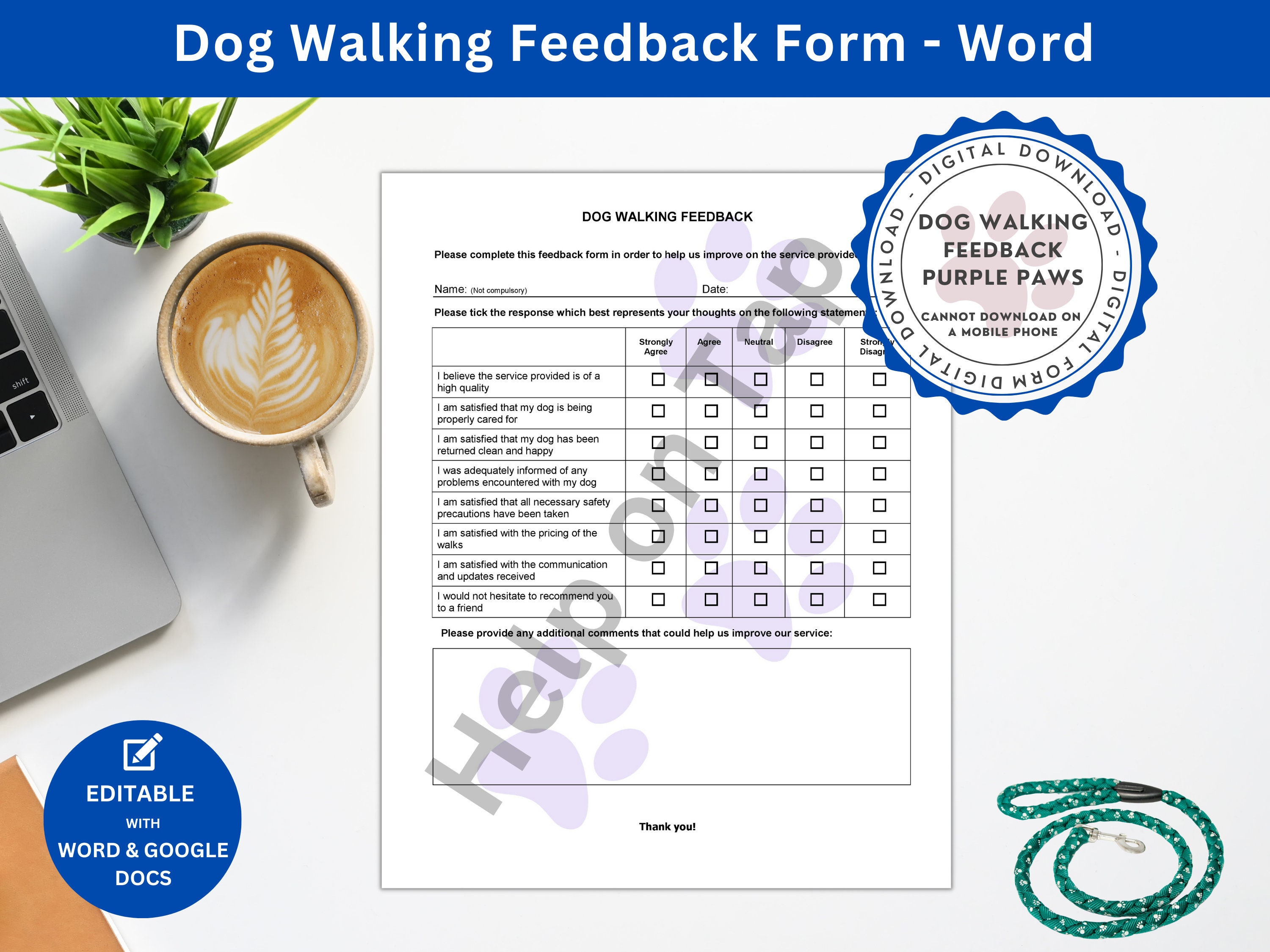 Dog Business Client Feedback Form Word purple Client Feedback Form PDF ...