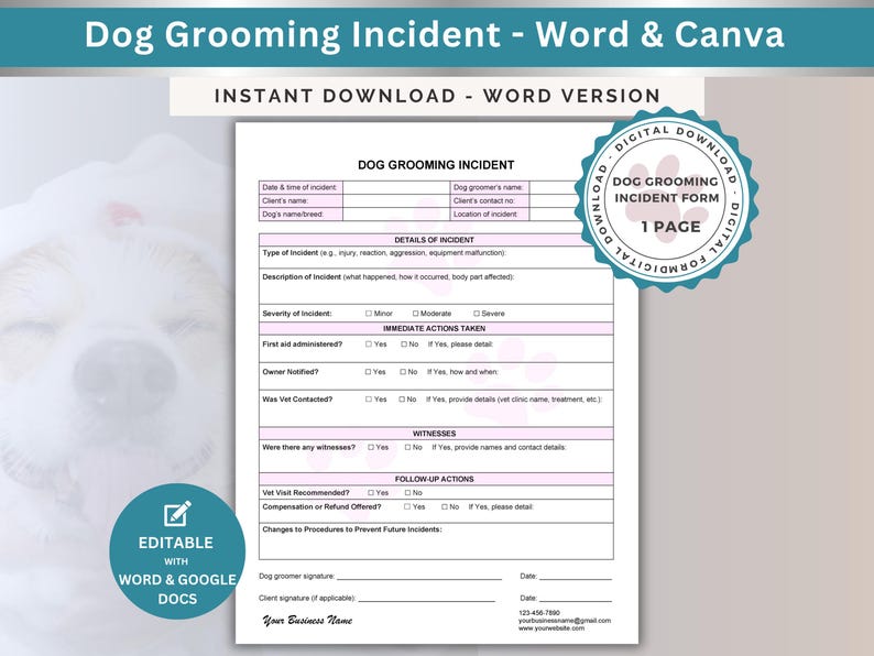 Dog Grooming Incident Report Form: Mobile Groomers, Pet Injury ...