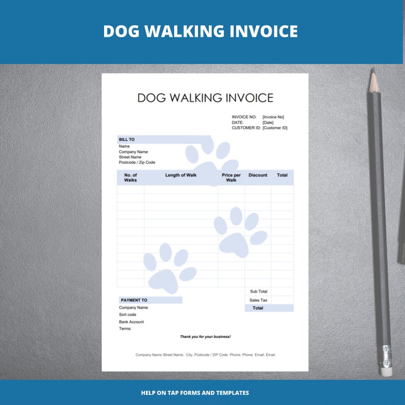 Dog Walking Invoice Template Blue Excel Invoice Word Etsy UK