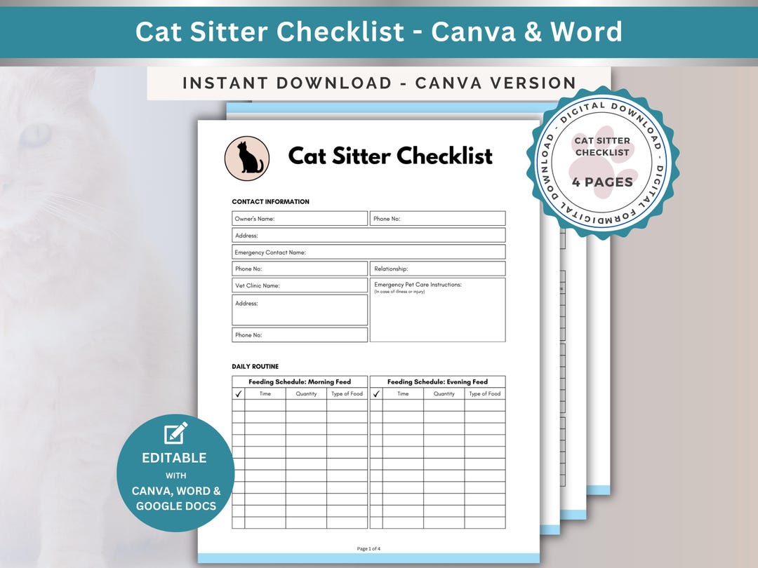 Cat Sitter Checklist Template: Editable Pet Care Instructions (PDF ...