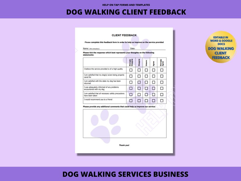 Dog Business Client Feedback Form Word purple Client - Etsy