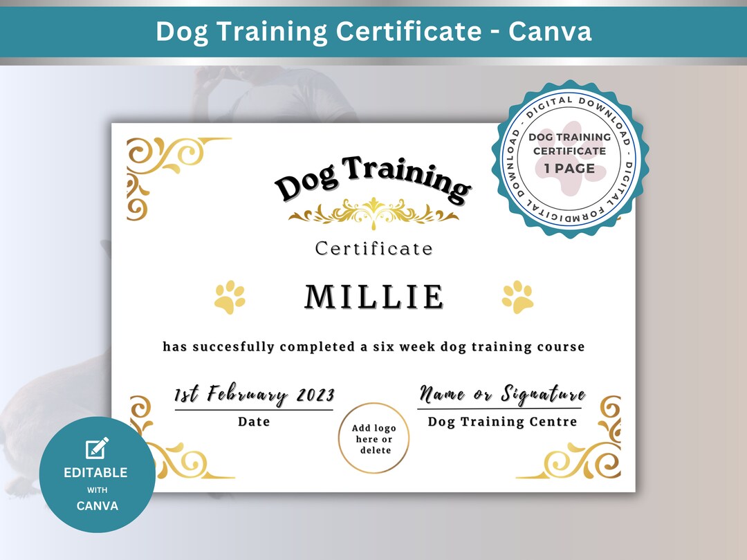 Dog Training Certificate Template Form | Dog Training Course Certificate | Dog Trainer Course ...