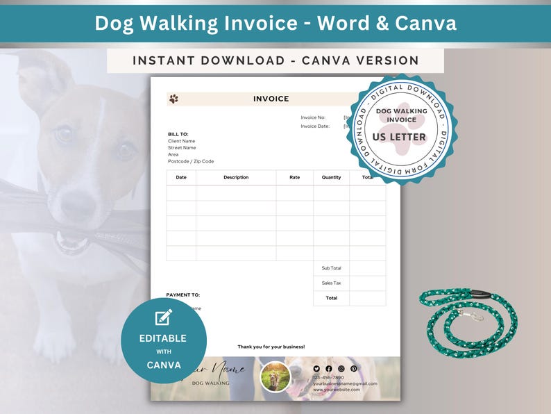 Printable Dog Walking Invoice Template Walking Receipt Professional Pet ...