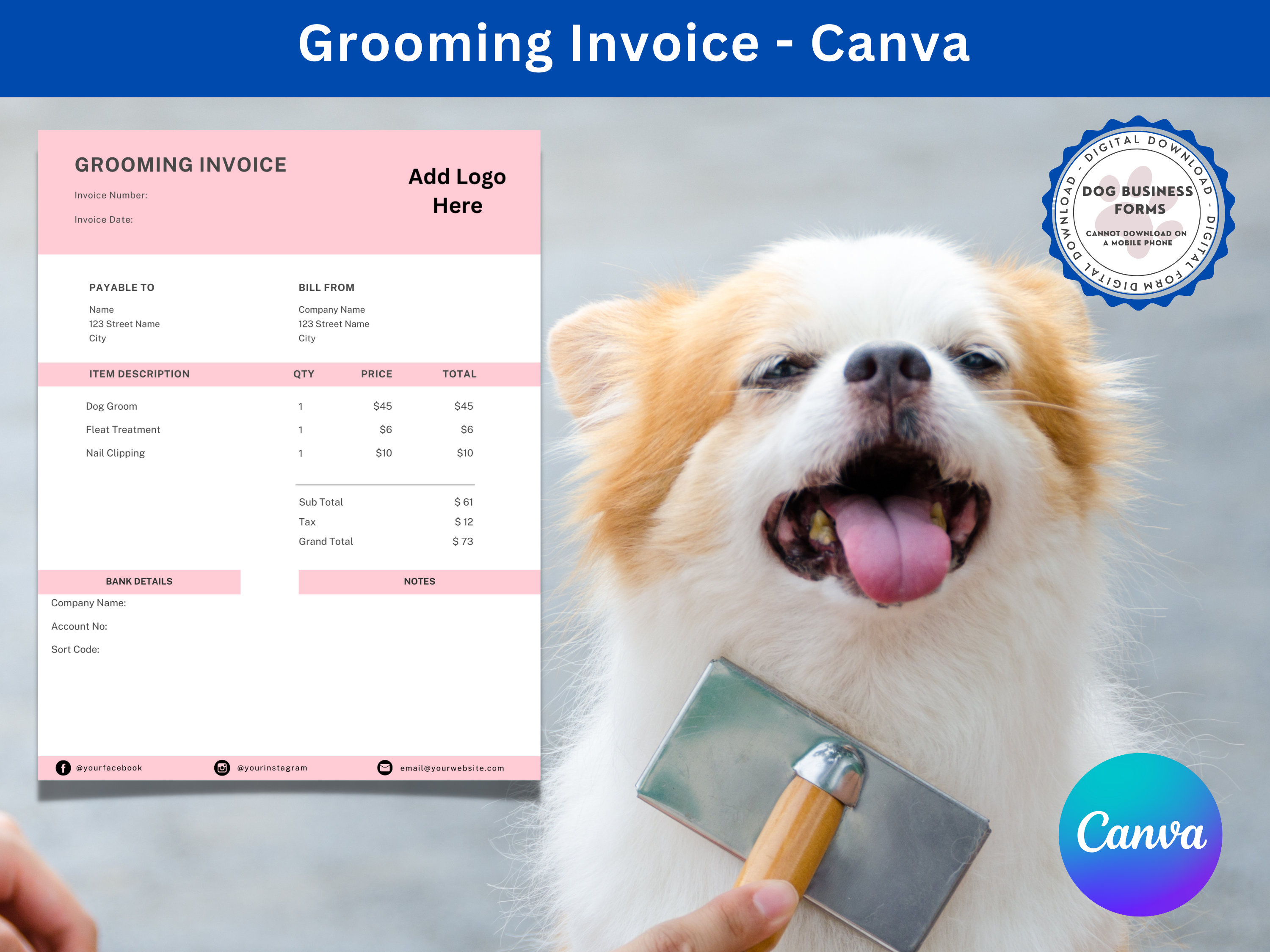 Dog Grooming Invoice Template pink Editable Invoice Groomer Invoice Pet ...