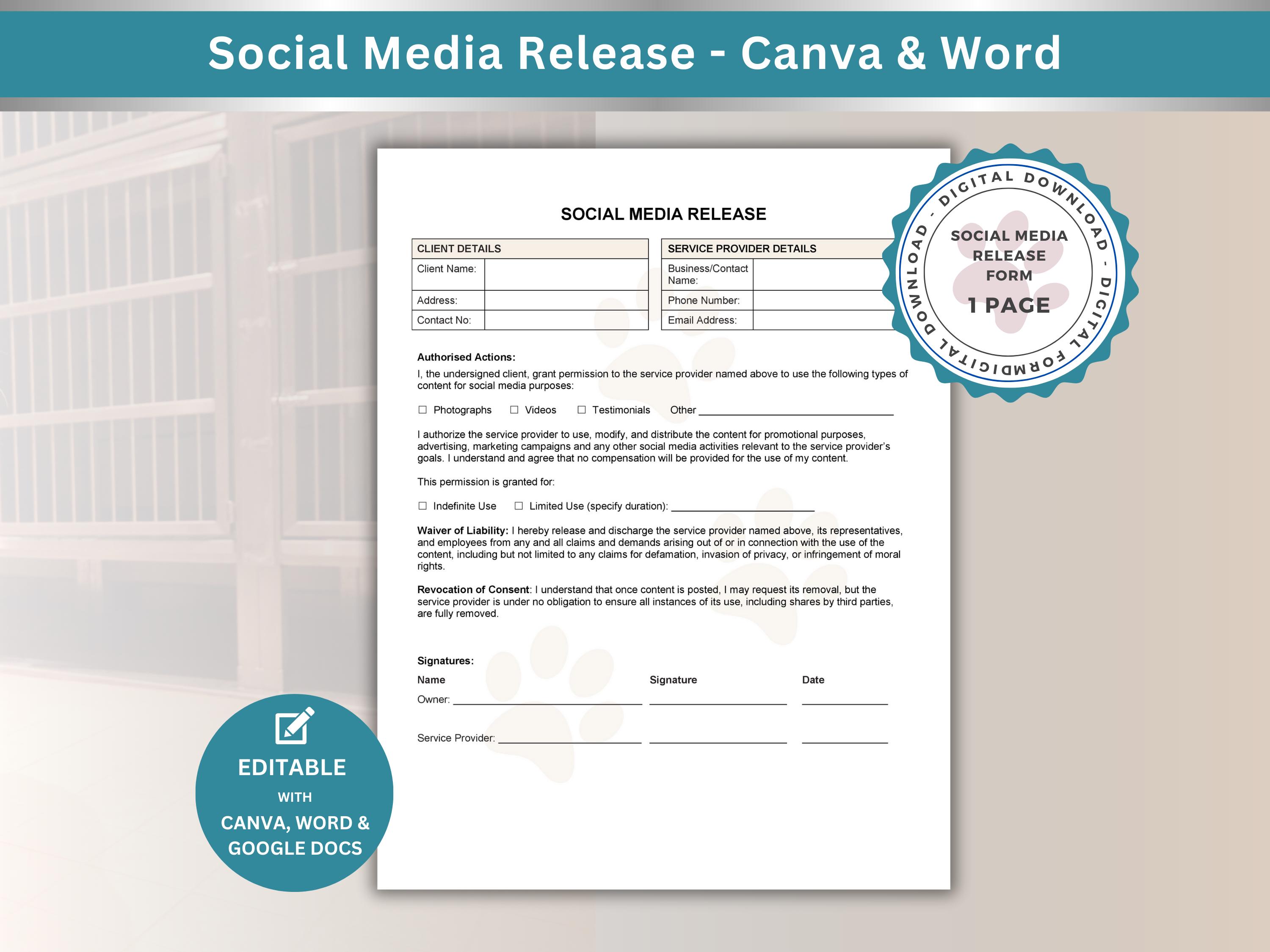 Social Media Release Template, Photo Release Consent Form Online Media ...