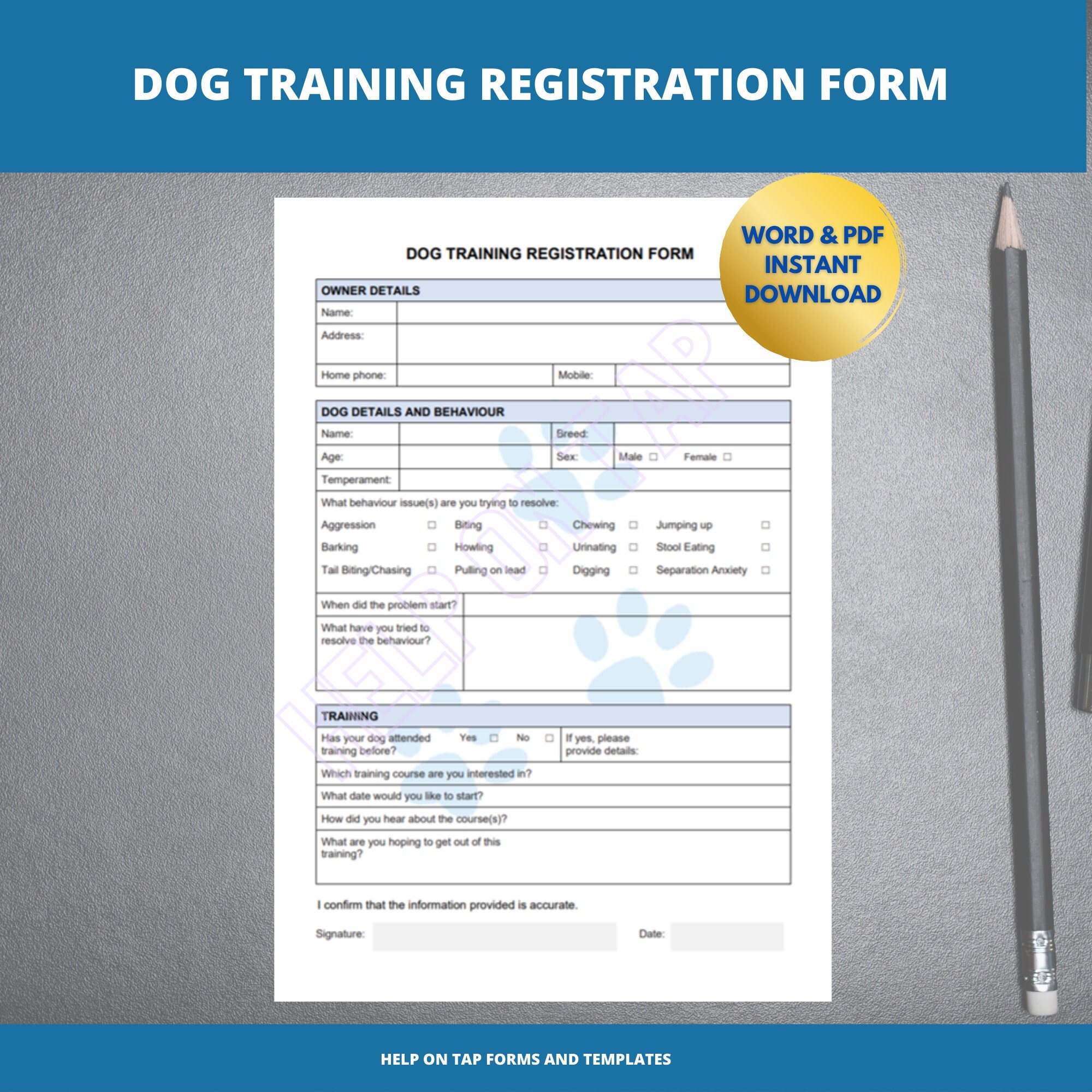 Dog Training Registration Form blue Dog Services Form Pet Training Form ...