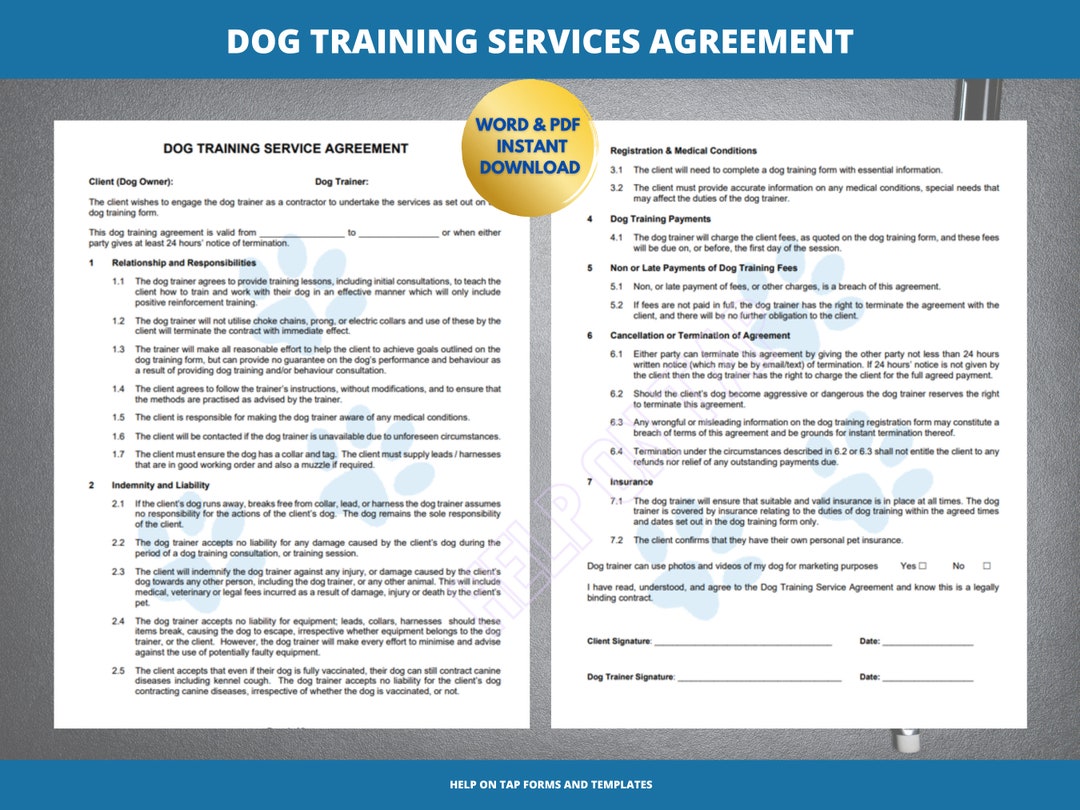 Dog Training Service Agreement blue & Plain Dog Training Contract Dog ...