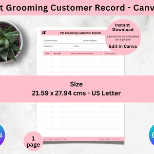 Dog Groom Form pink Canva Dog Grooming Record Card Template Pet ...