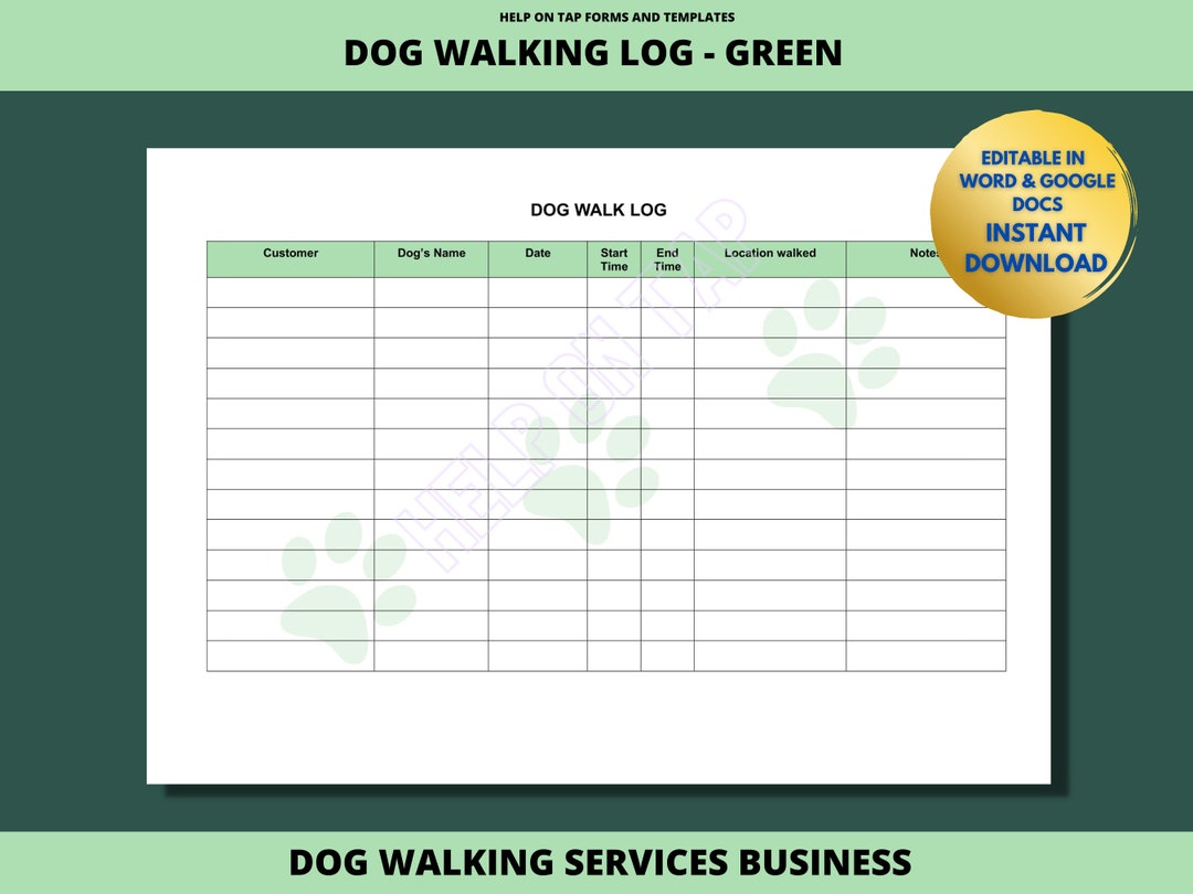 Dog Walk Log Dog Walking Record Sheet Dog Walk Recording Pet Business ...