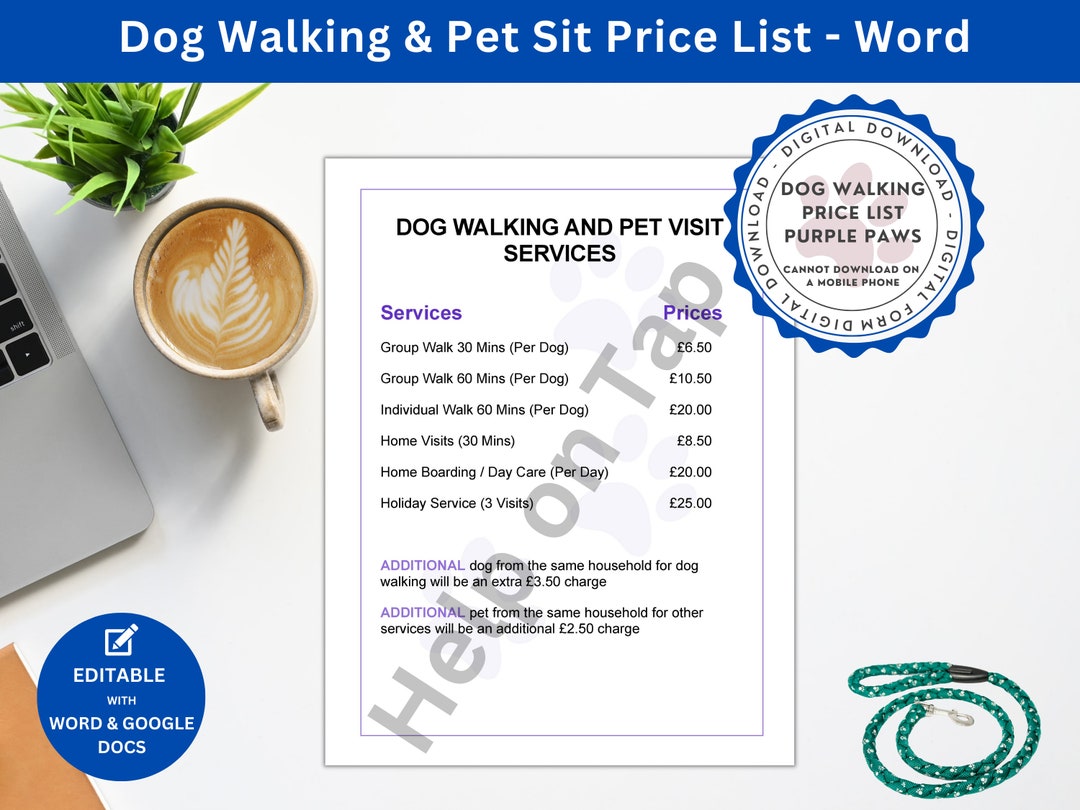 Dog Walking Price List (purple) | Dog Services Price Charges | Walking ...