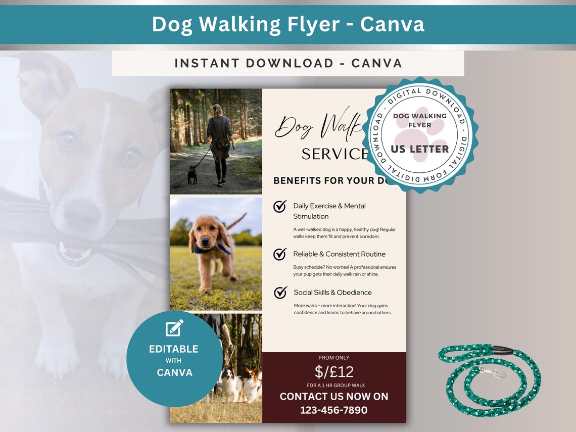 Dog Walking Business Flyer Template: Canva Editable (A4 & US Letter ...