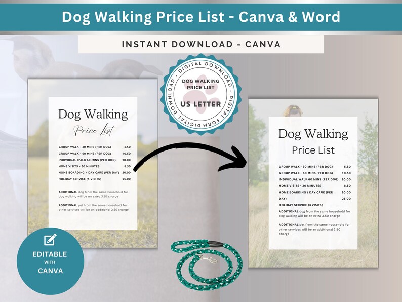 Dog Walker Price List Template: Editable Pet Care Flyer (canva & Word ...