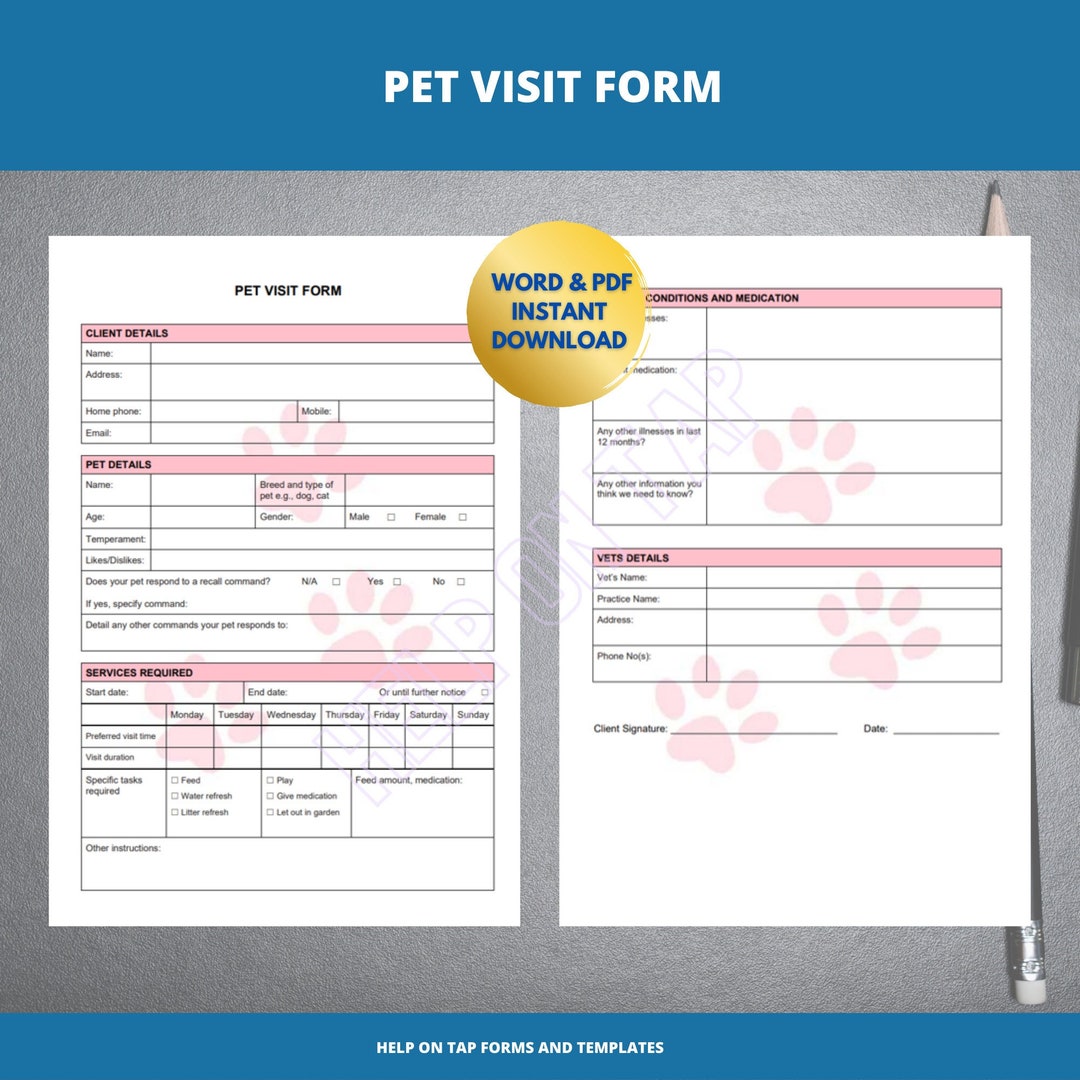 Pet Visit Form light Pink Ideal for a Pet House Visit Service New ...