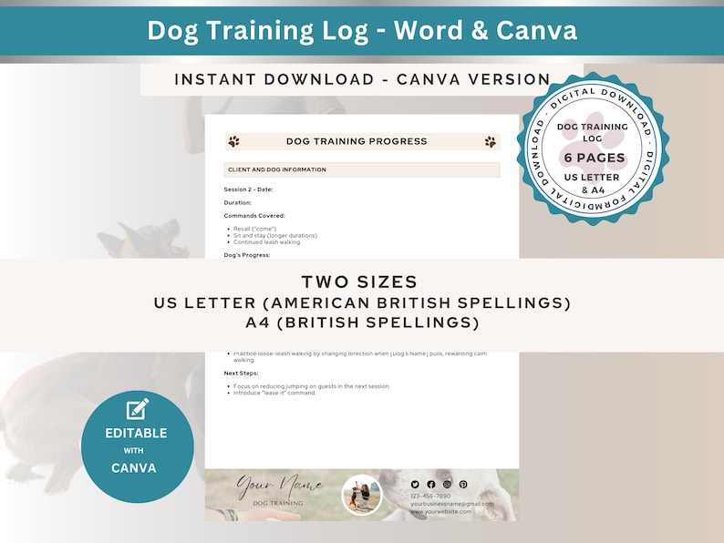 Dog Training Log Template Recording Dog Training Progress, Dog Training ...