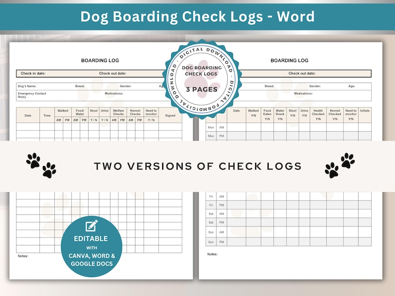 Dog Boarding Log: Kennel & Home Welfare Checks (digital Download) - Etsy