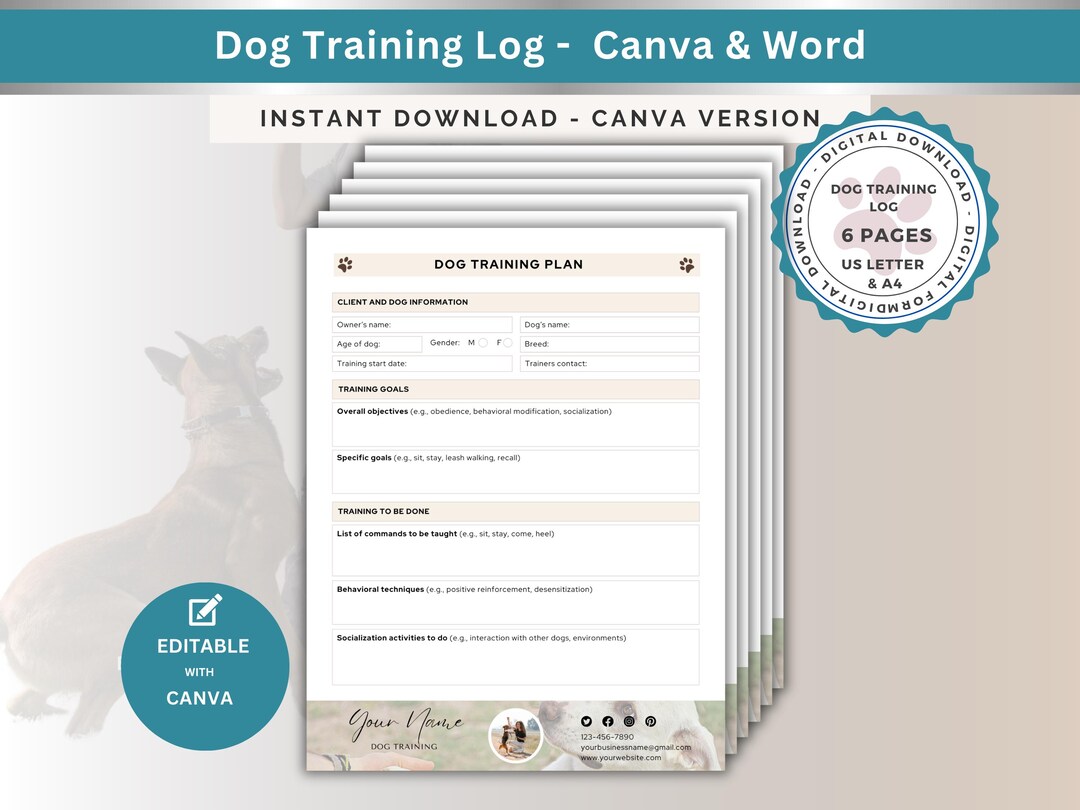 Dog Training Log Template Recording Dog Training Progress, Dog Training ...