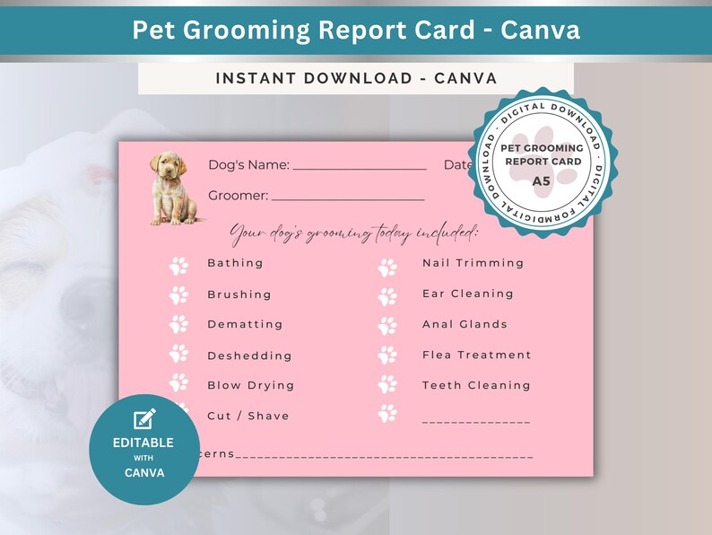 Dog Grooming Report Card Template Printable Pet Grooming Client Form ...
