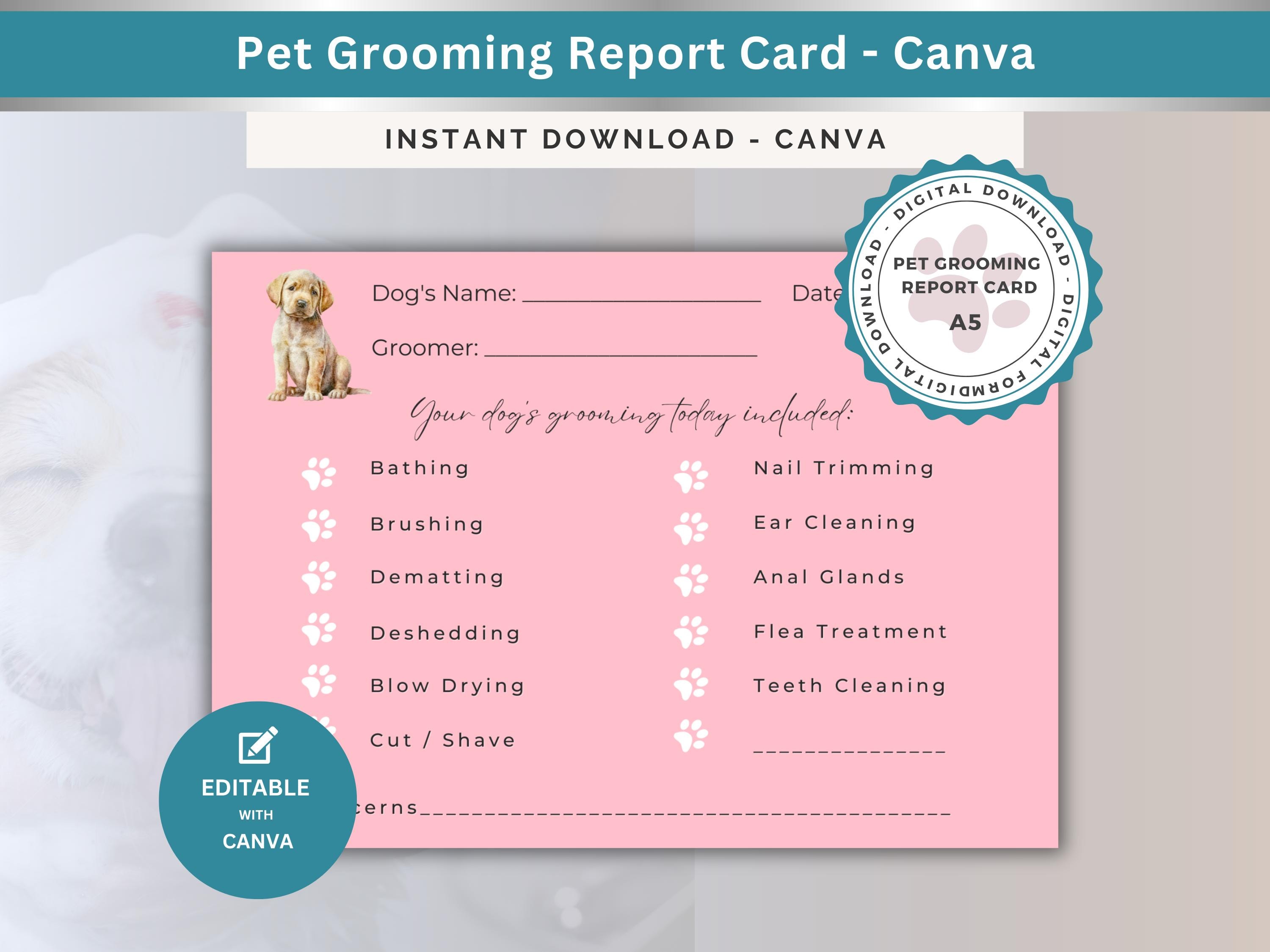 Dog Grooming Report Card Template Printable Pet Grooming Client Form ...
