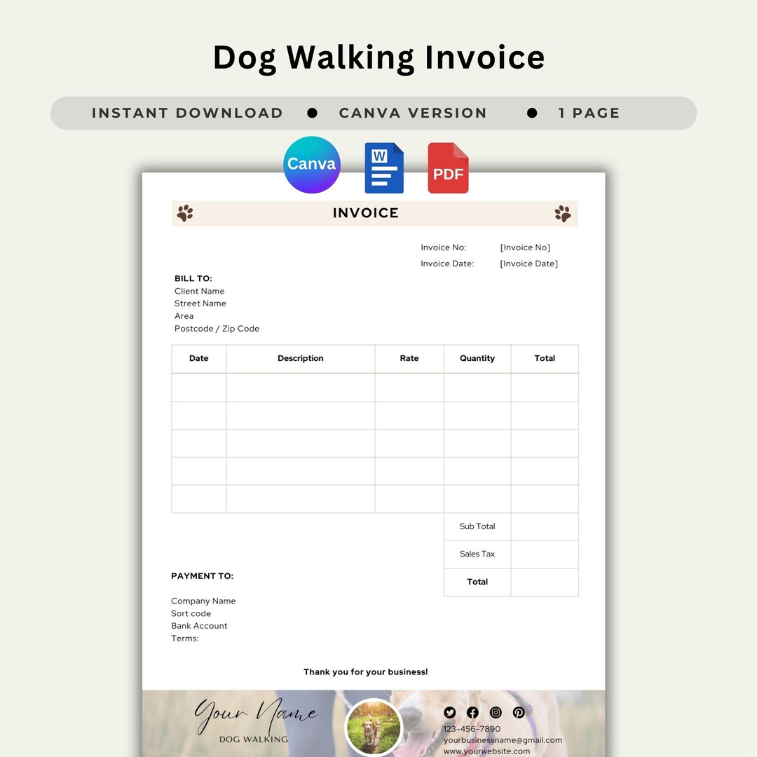 Dog Walking Invoice Template Pet Walking Service Billing Document Dog ...