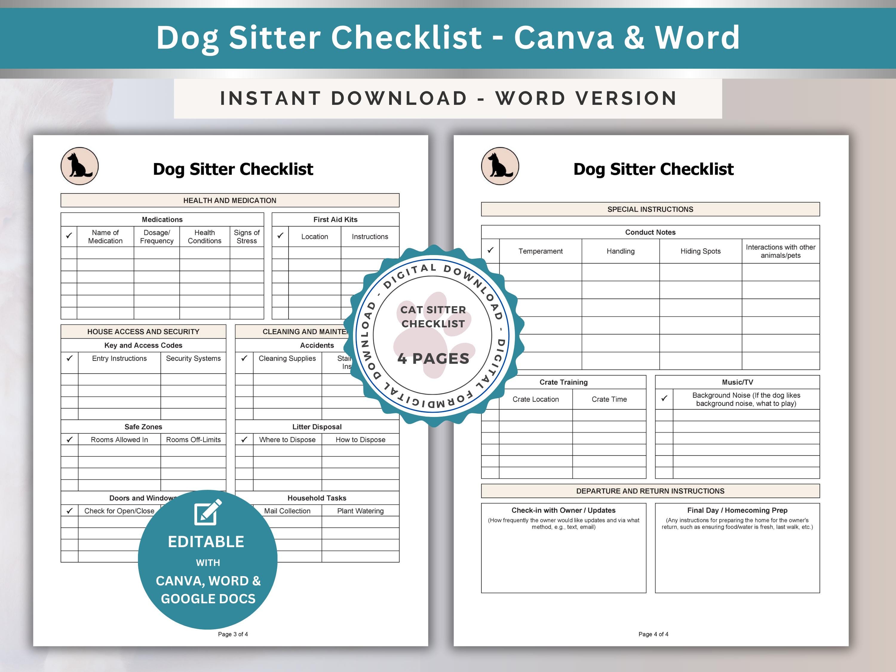 Pet Sitter Checklist With Dog Sitting Instructions for Dog Care ...