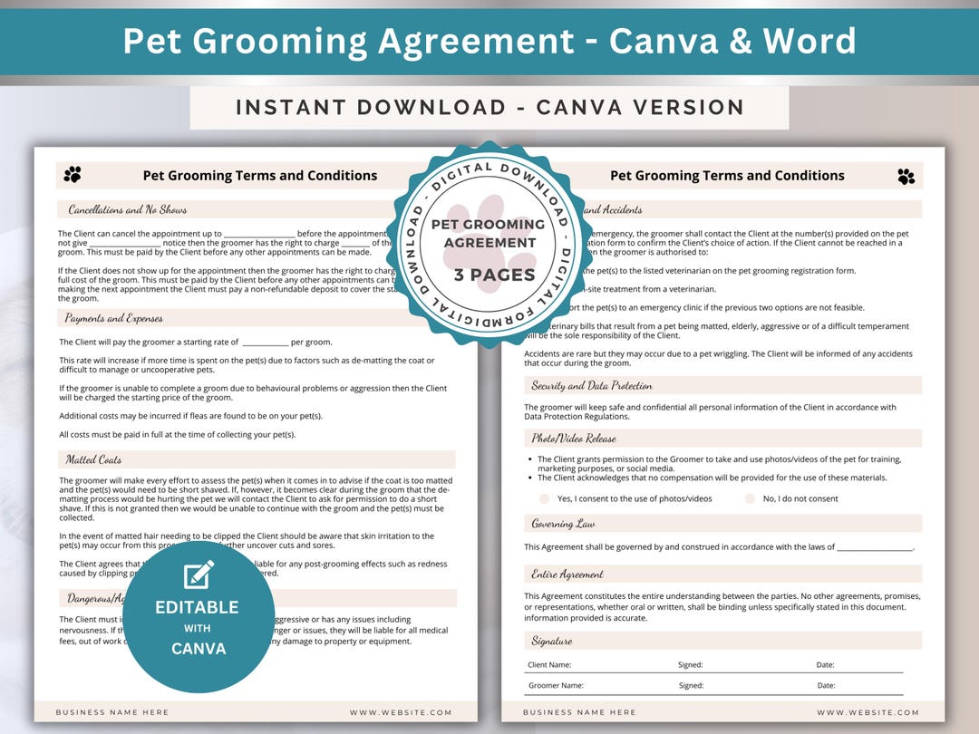 Dog Grooming Contract Template Pet Groomer Service Agreement Editable ...