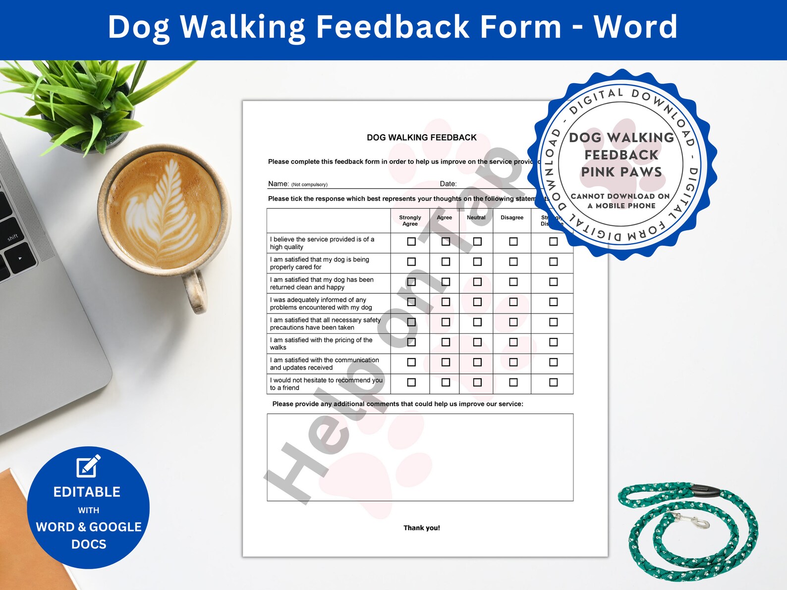 Dog Business Client Feedback Form Word pink Client Feedback Form PDF ...