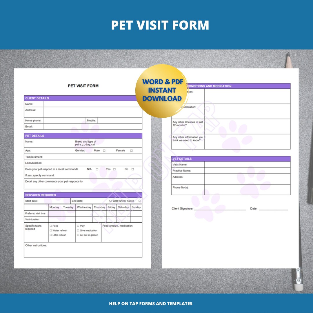 Pet Visit Form Pet Sitting Form Pet Sitting Template Pet House Visit ...
